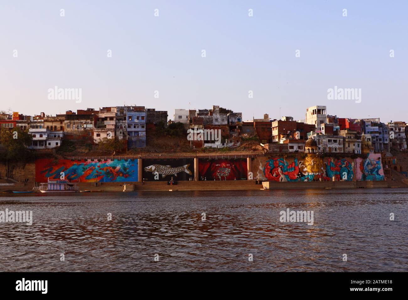 Long view of popular Assi Ghat with several pilgrims, that stands at ...