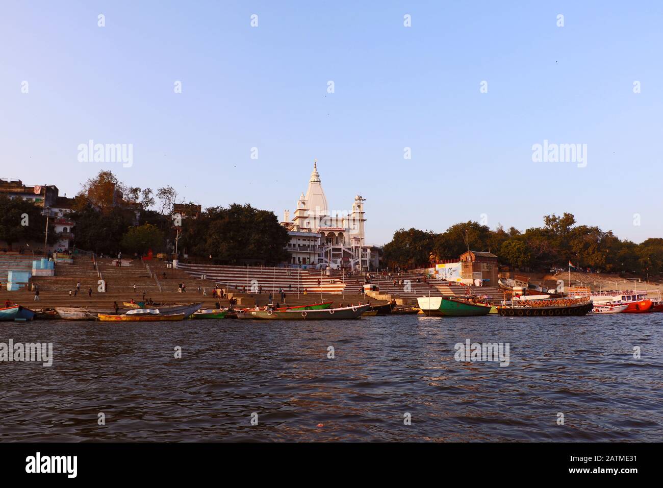 Long view of popular Assi Ghat with several pilgrims, that stands at ...