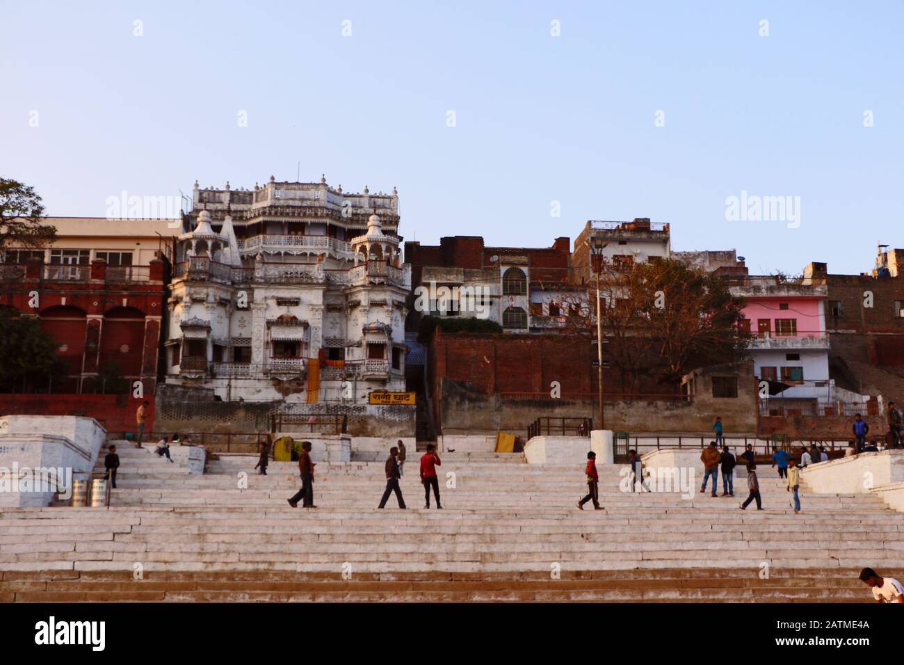 Long view of popular Assi Ghat with several pilgrims, that stands at ...