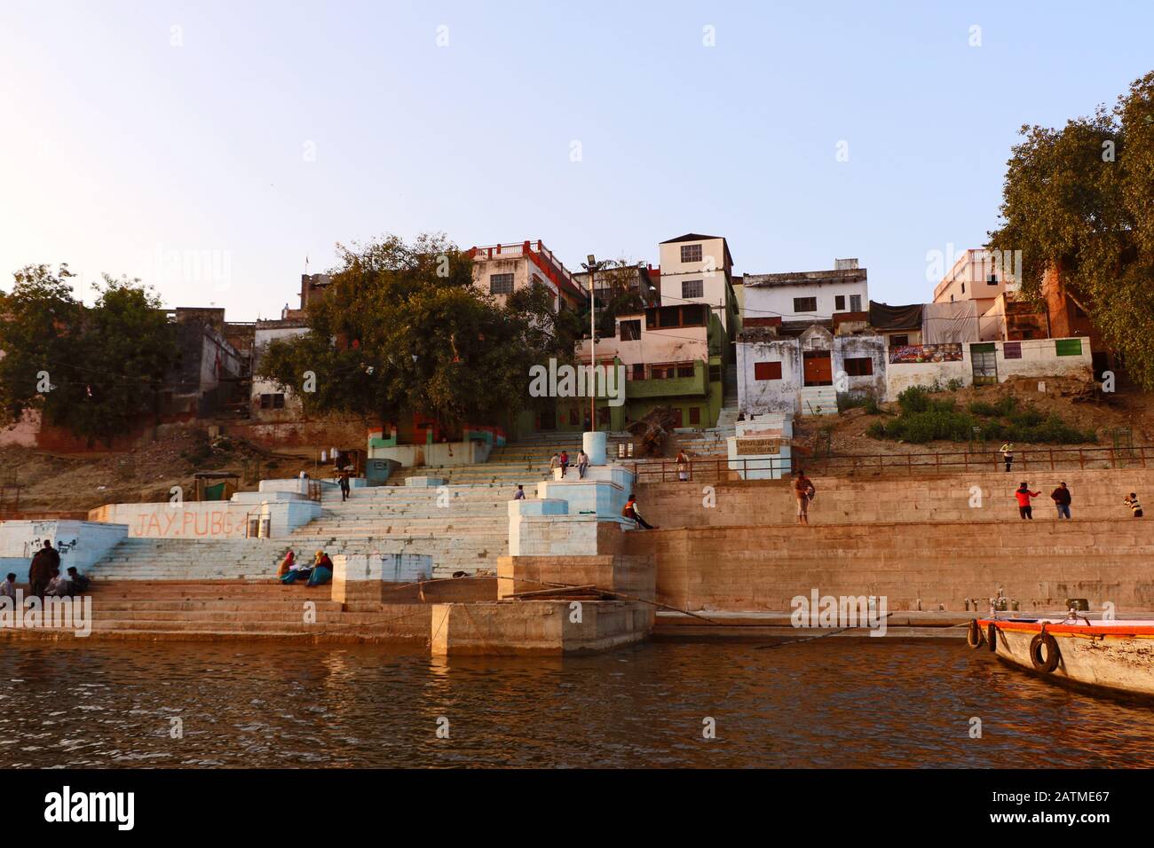 Long view of popular Assi Ghat with several pilgrims, that stands at ...