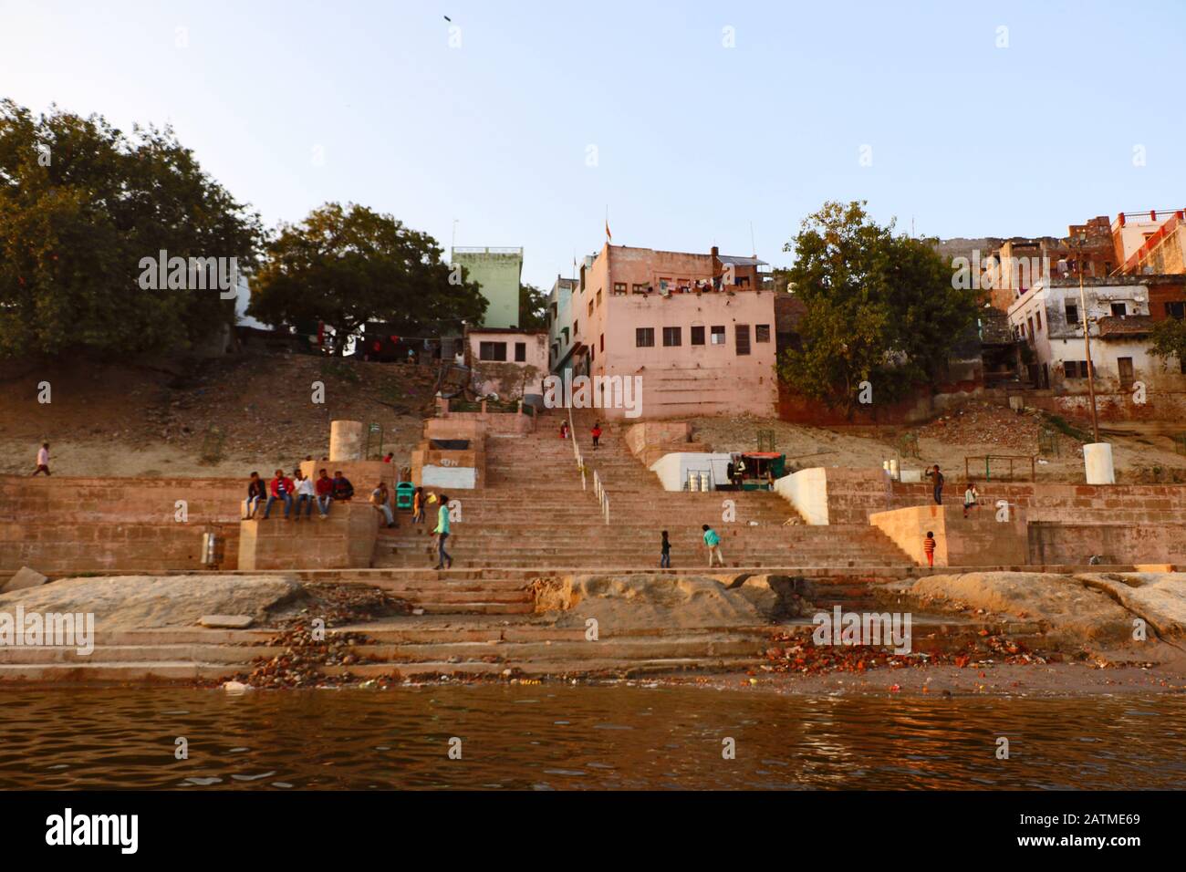 Long view of popular Assi Ghat with several pilgrims, that stands at ...