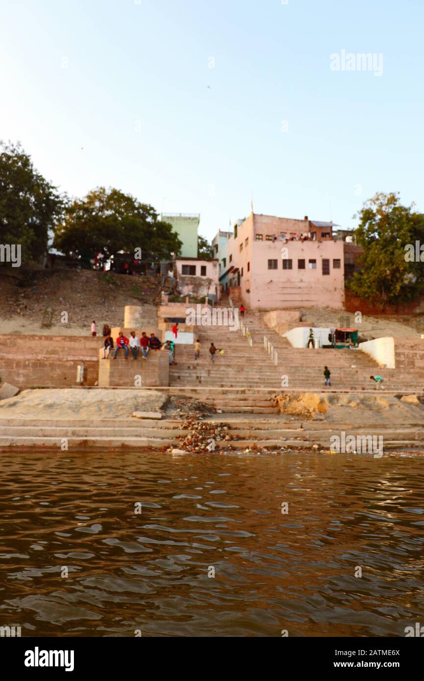 Long view of popular Assi Ghat with several pilgrims, that stands at ...