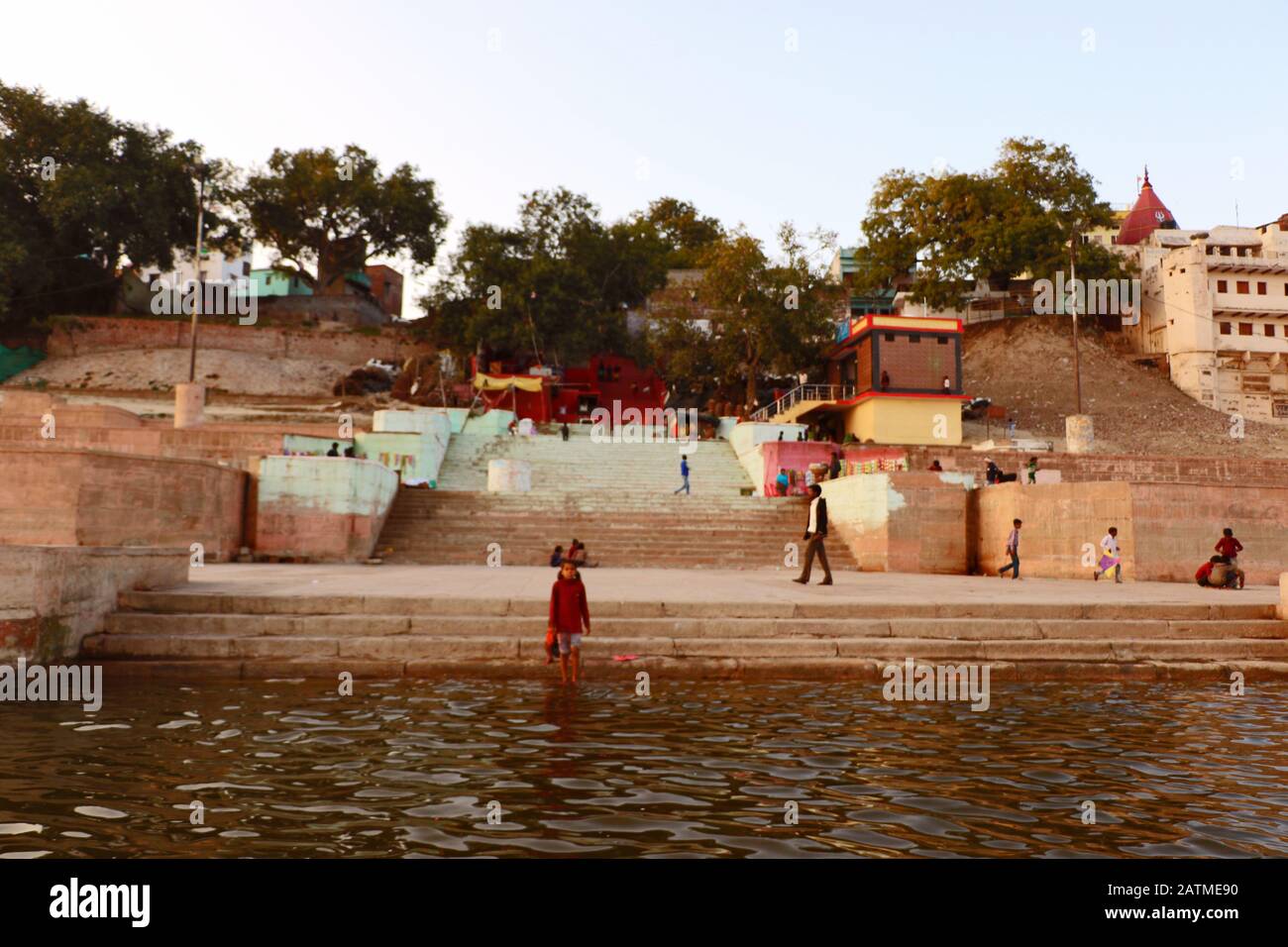 Long view of popular Assi Ghat with several pilgrims, that stands at ...