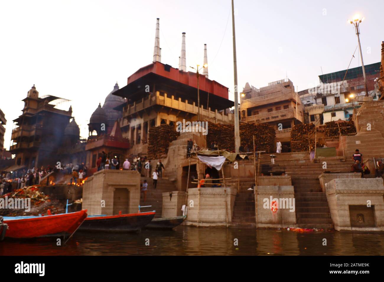 Long view of popular Assi Ghat with several pilgrims, that stands at ...