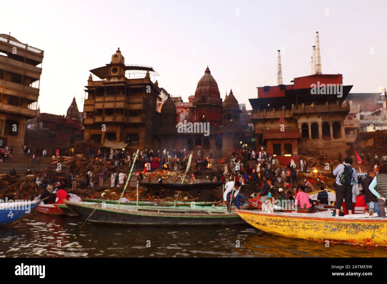 Long view of popular Assi Ghat with several pilgrims, that stands at ...