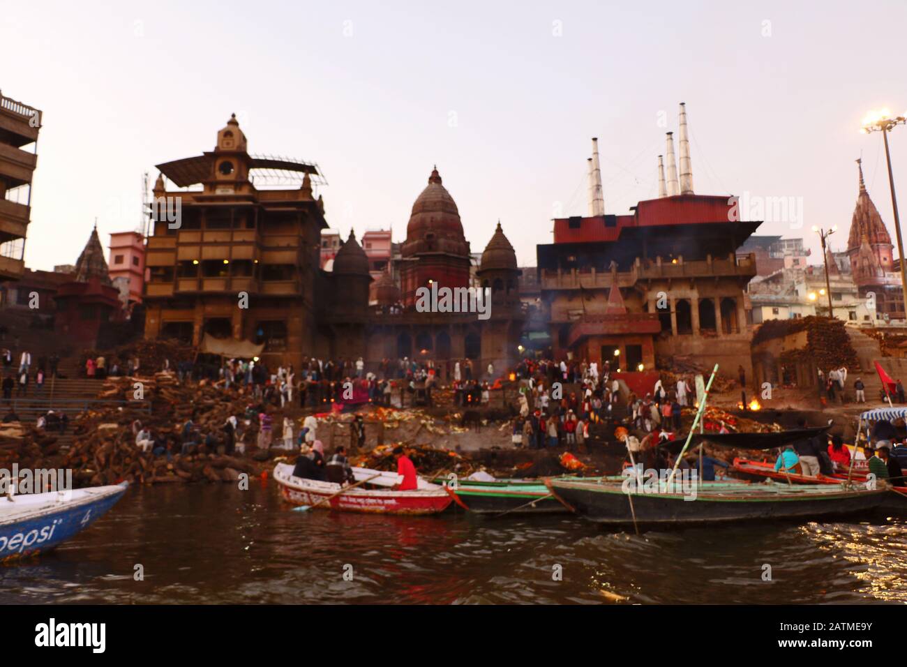 Long view of popular Assi Ghat with several pilgrims, that stands at ...