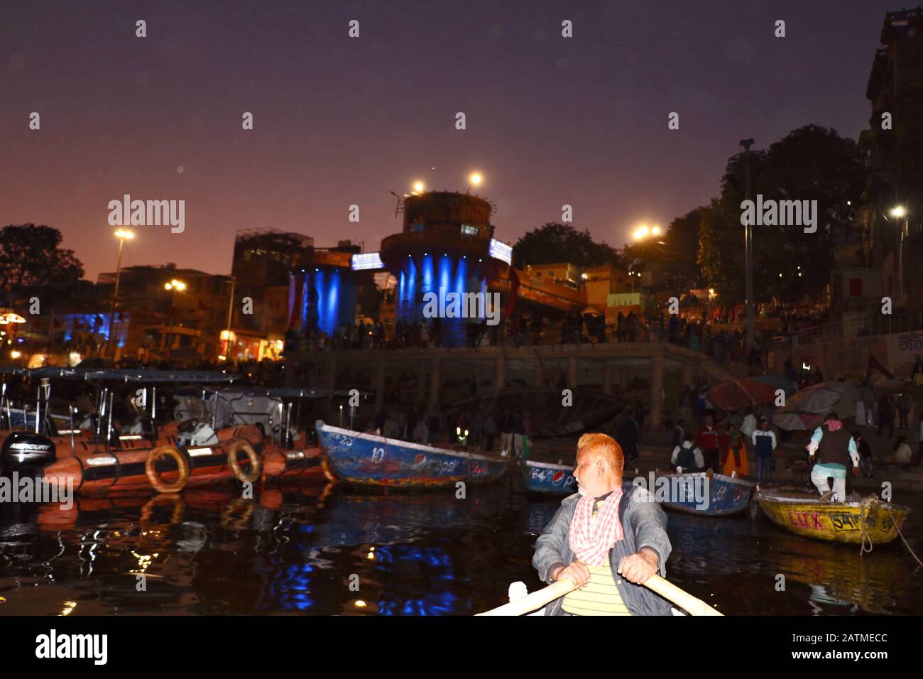 Long view of popular Assi Ghat with several pilgrims, that stands at ...