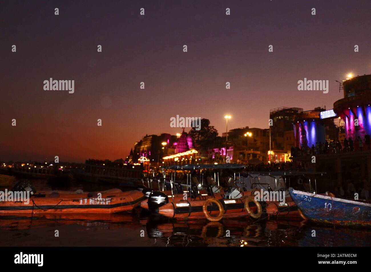 Long view of popular Assi Ghat with several pilgrims, that stands at ...
