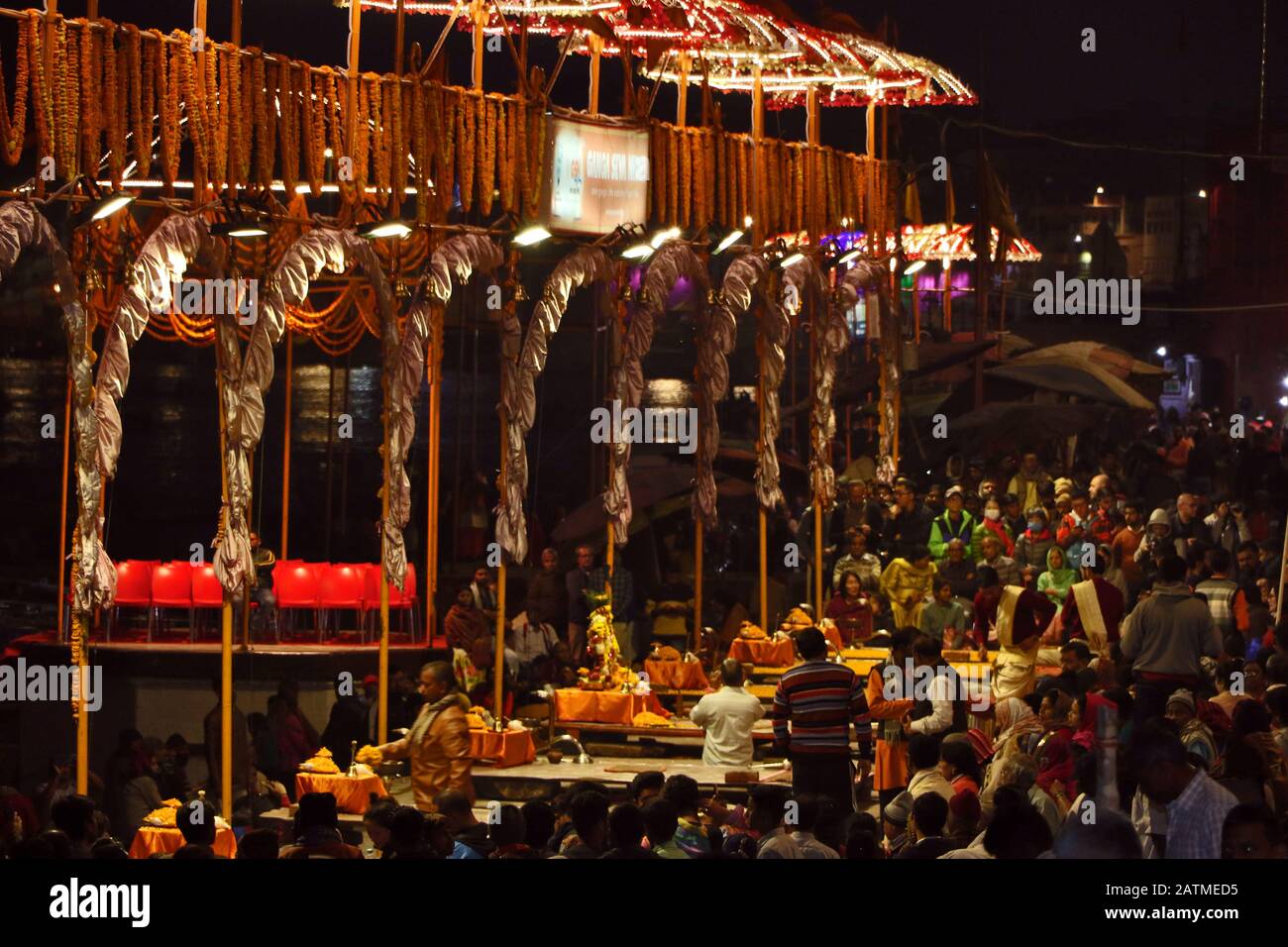 view of popular Assi Ghat with several pilgrims, that stands at the ...