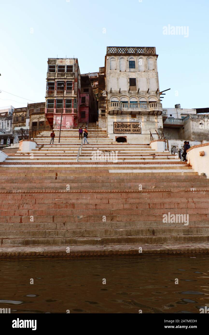 view of popular Assi Ghat with several pilgrims, that stands at the ...
