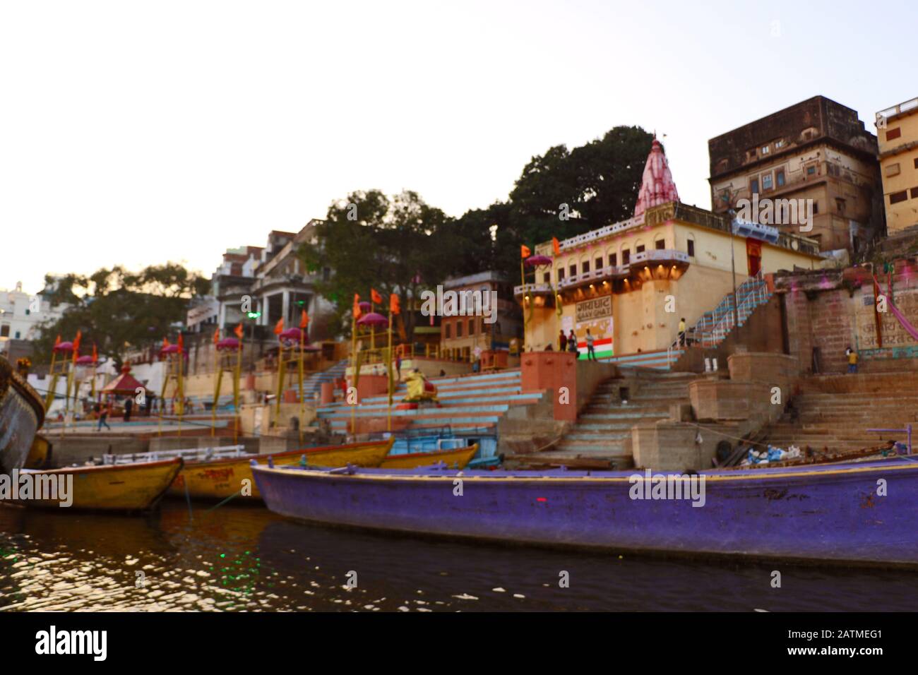 view of popular Assi Ghat with several pilgrims, that stands at the ...