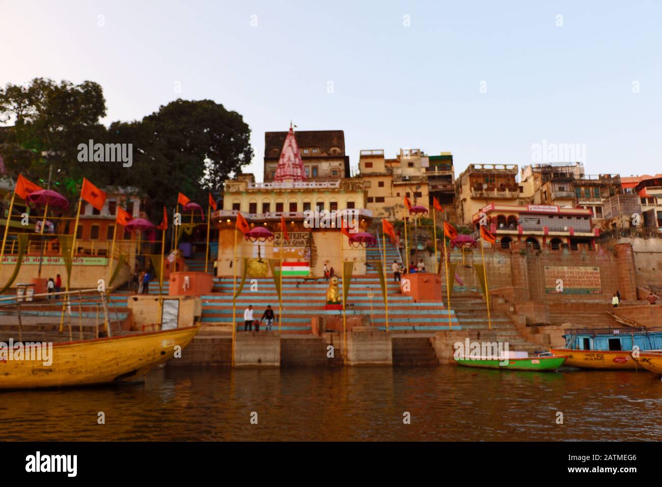 view of popular Assi Ghat with several pilgrims, that stands at the ...