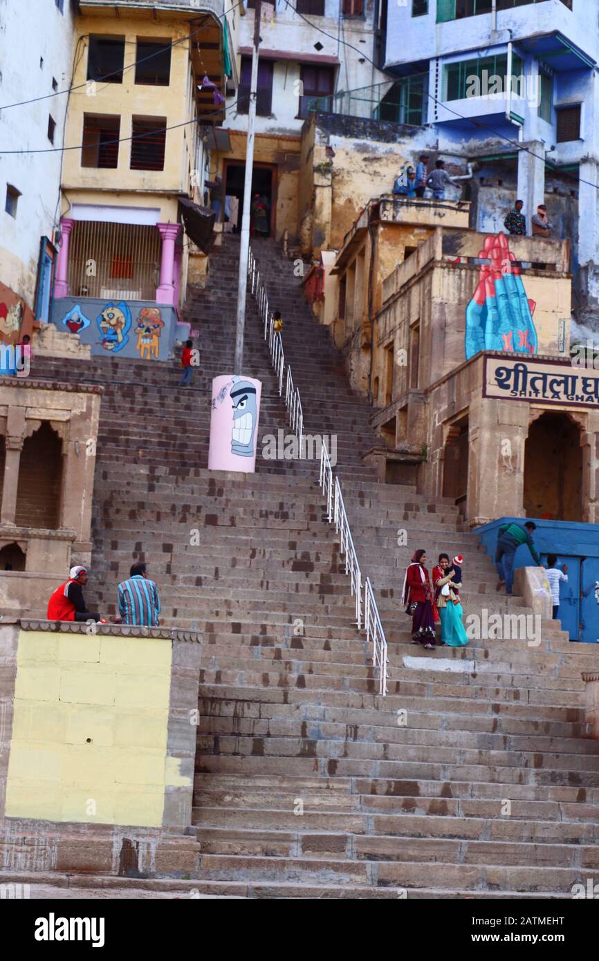 view of popular Assi Ghat with several pilgrims, that stands at the ...