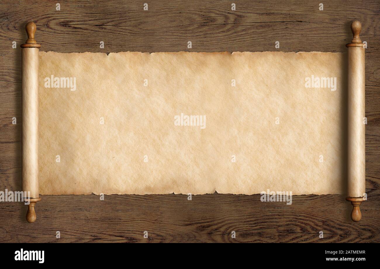 parchment scroll on wood table 3d illustration Stock Photo - Alamy