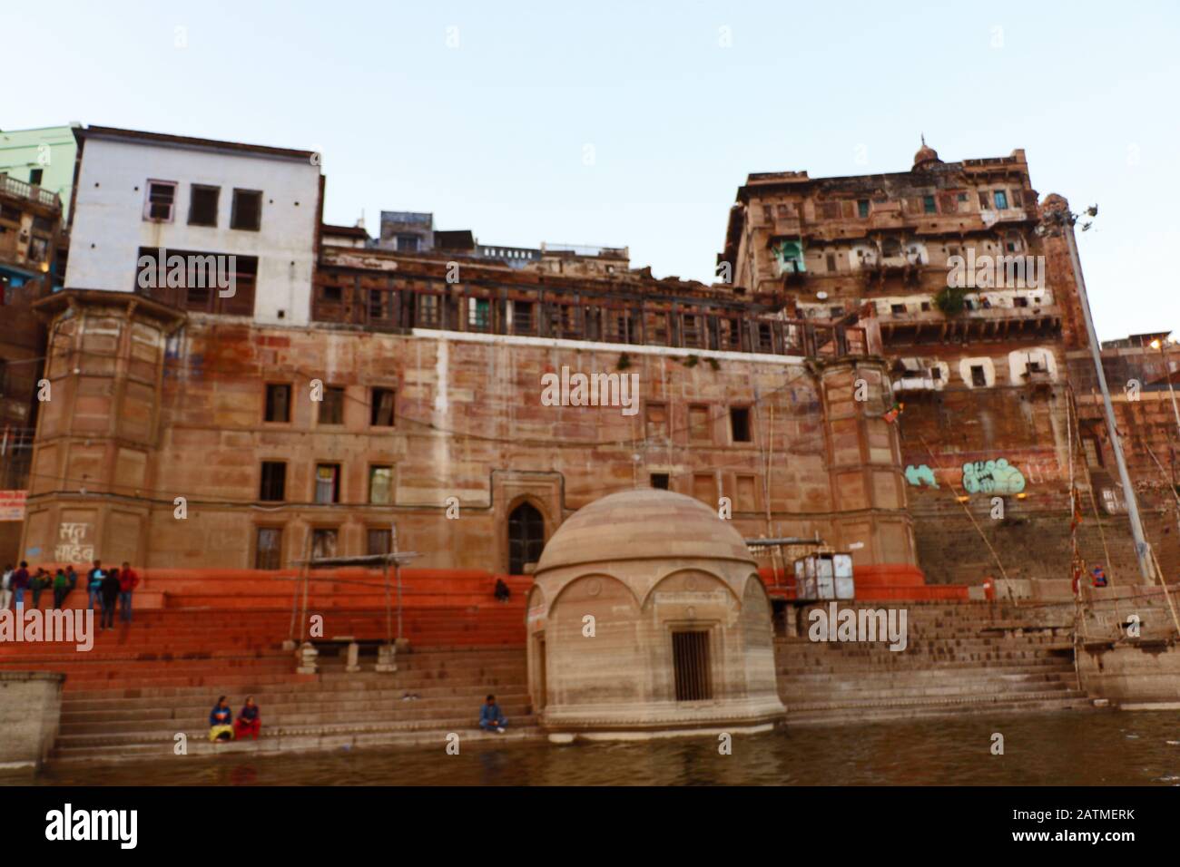 view of popular Assi Ghat with several pilgrims, that stands at the ...