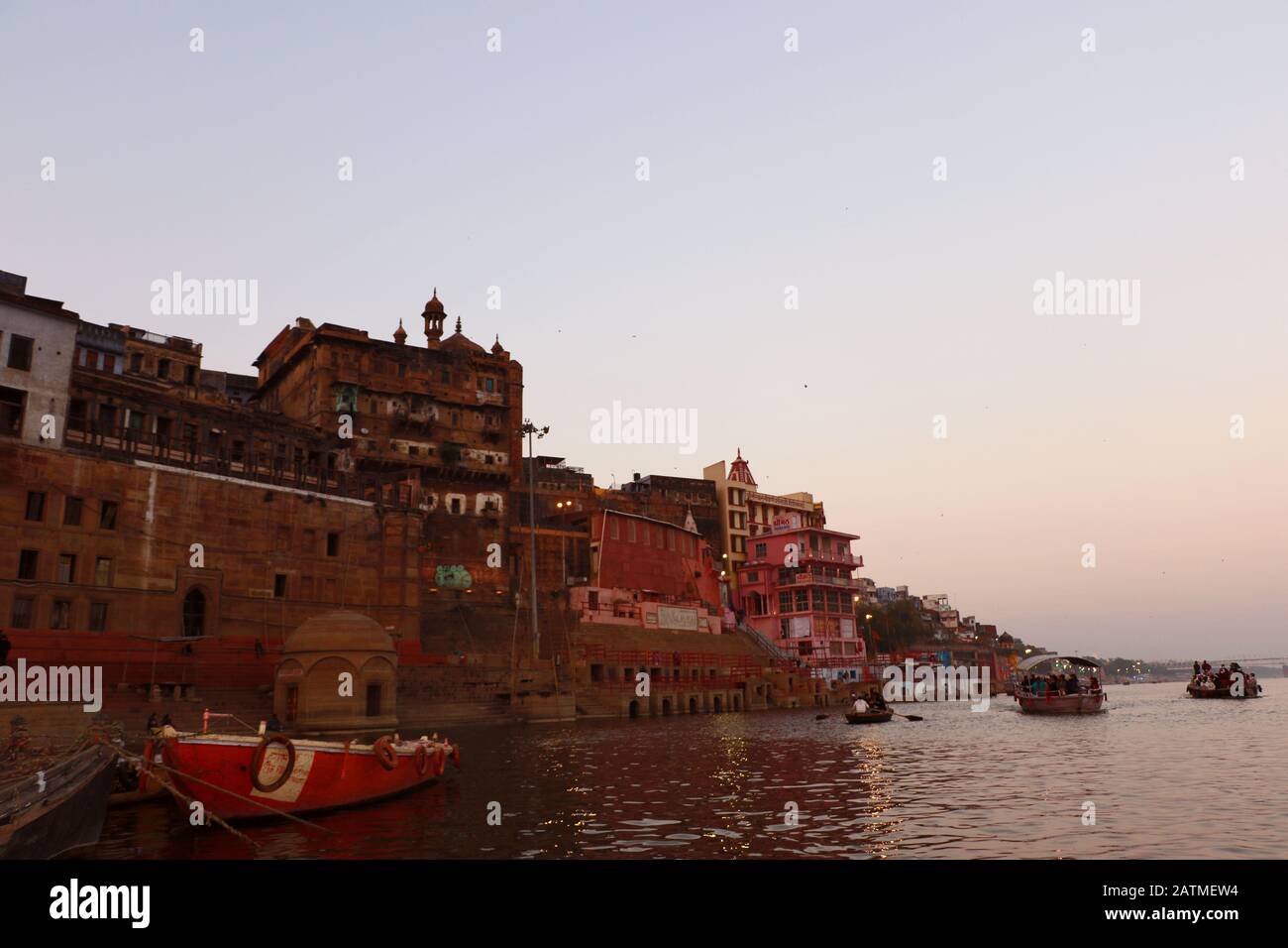 view of popular Assi Ghat with several pilgrims, that stands at the ...
