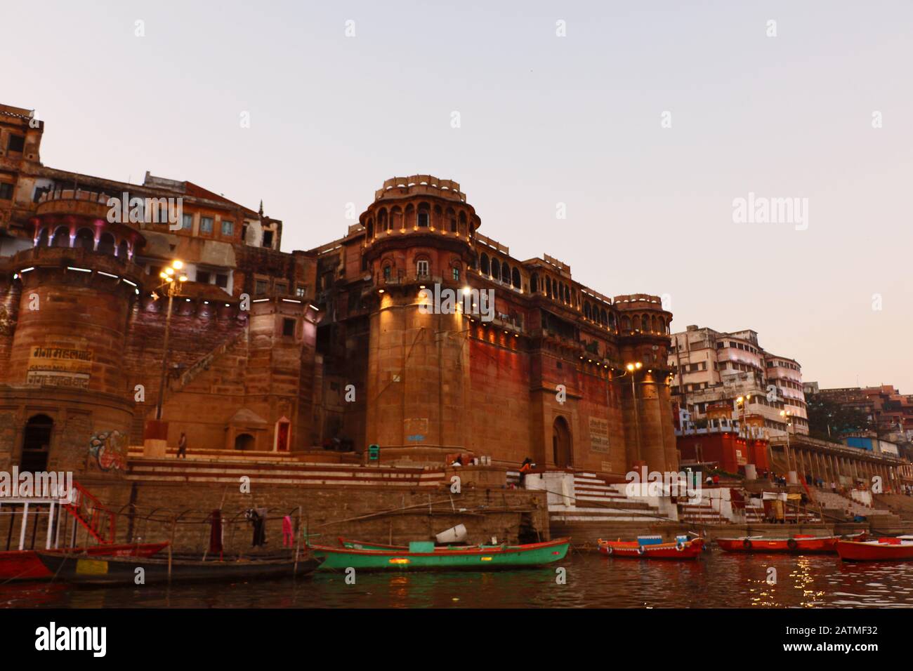 view of popular Assi Ghat with several pilgrims, that stands at the ...