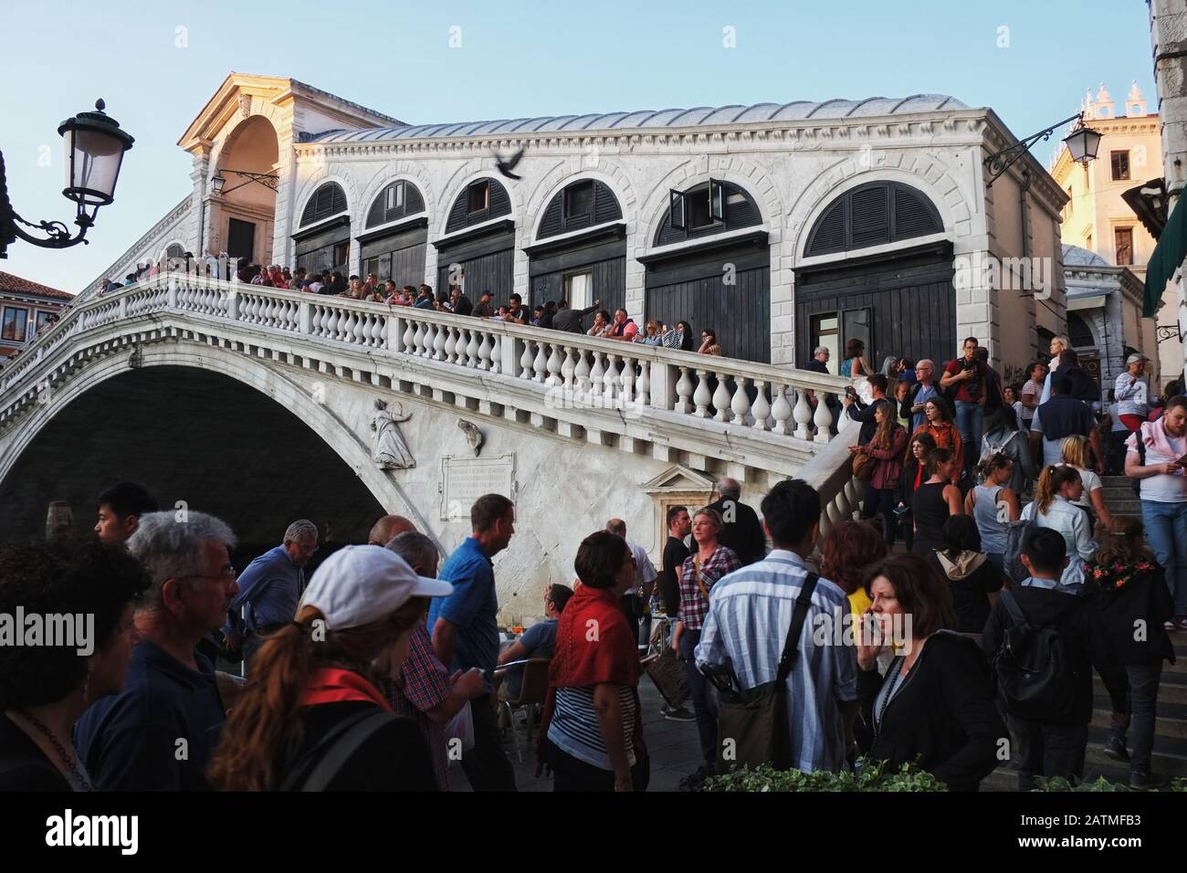 Overtourism in Venice, tourists crowd Rialto bridge, Venice Italy, one ...