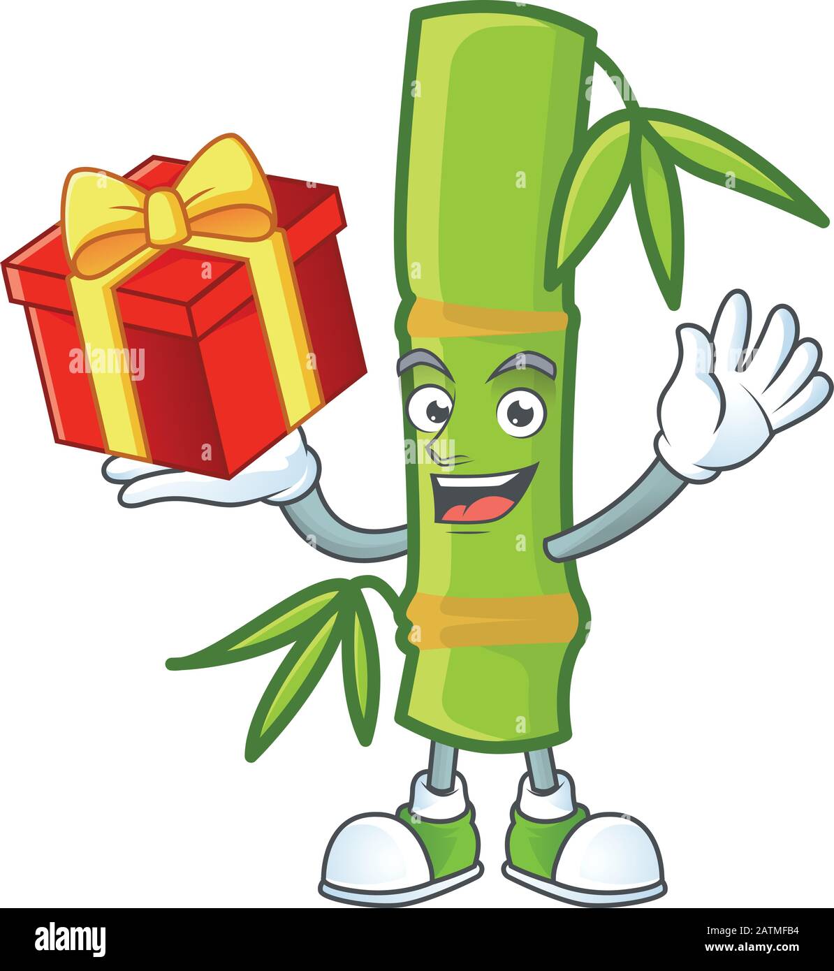Happy face bamboo stick cartoon character having a box of gift Stock ...