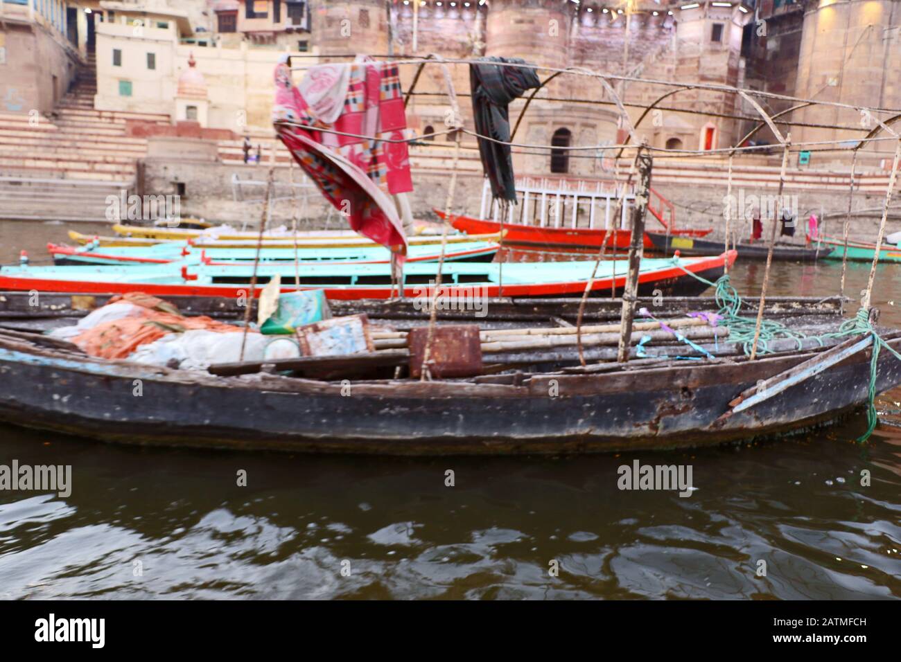 view of popular Assi Ghat with several pilgrims, that stands at the ...