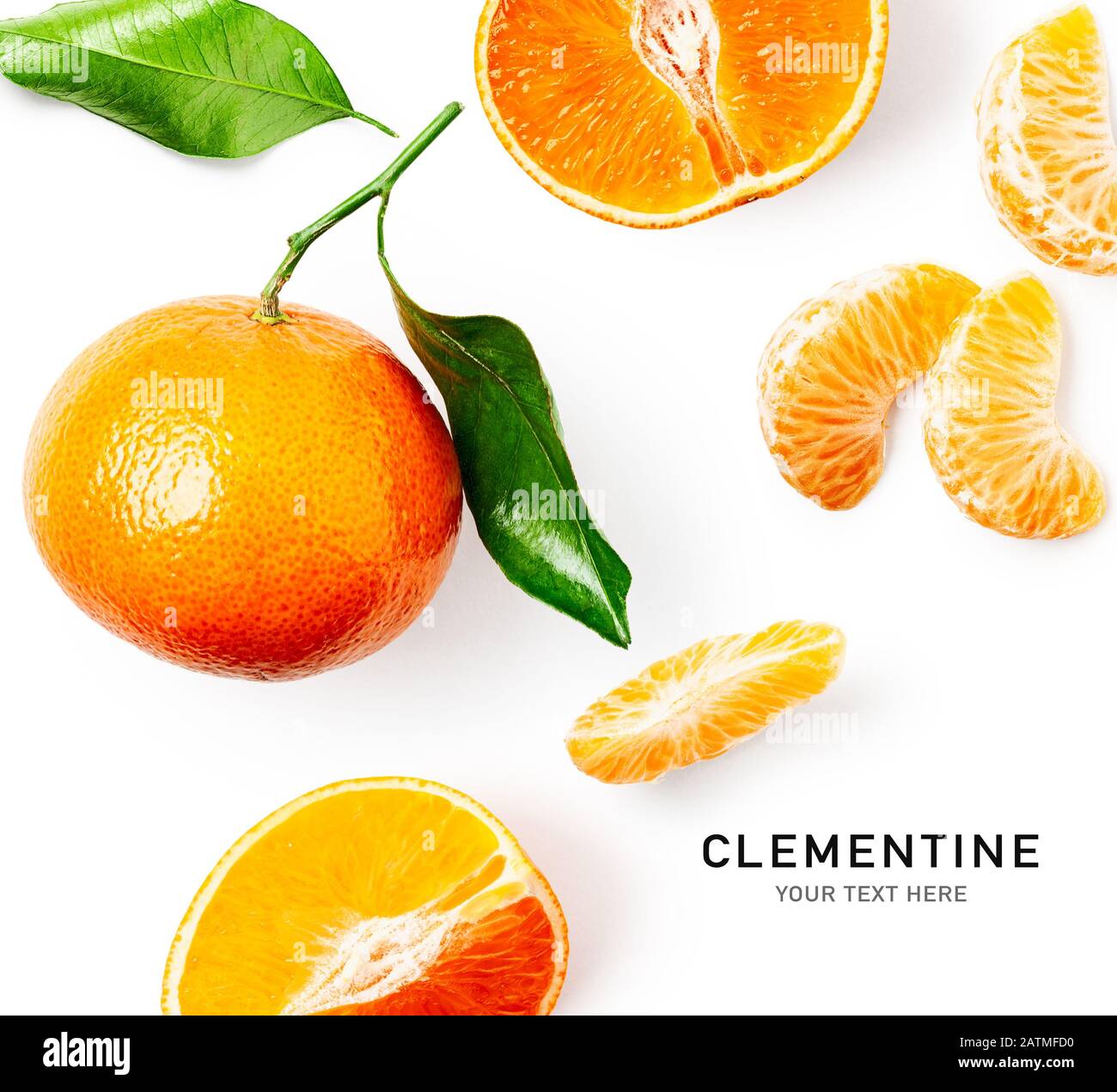 Fresh clementine with leaves as creative layout isolated on white ...