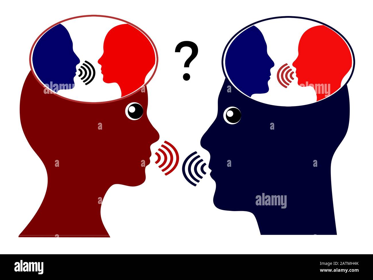 Two people listen to their inner voice while they communicate with each ...