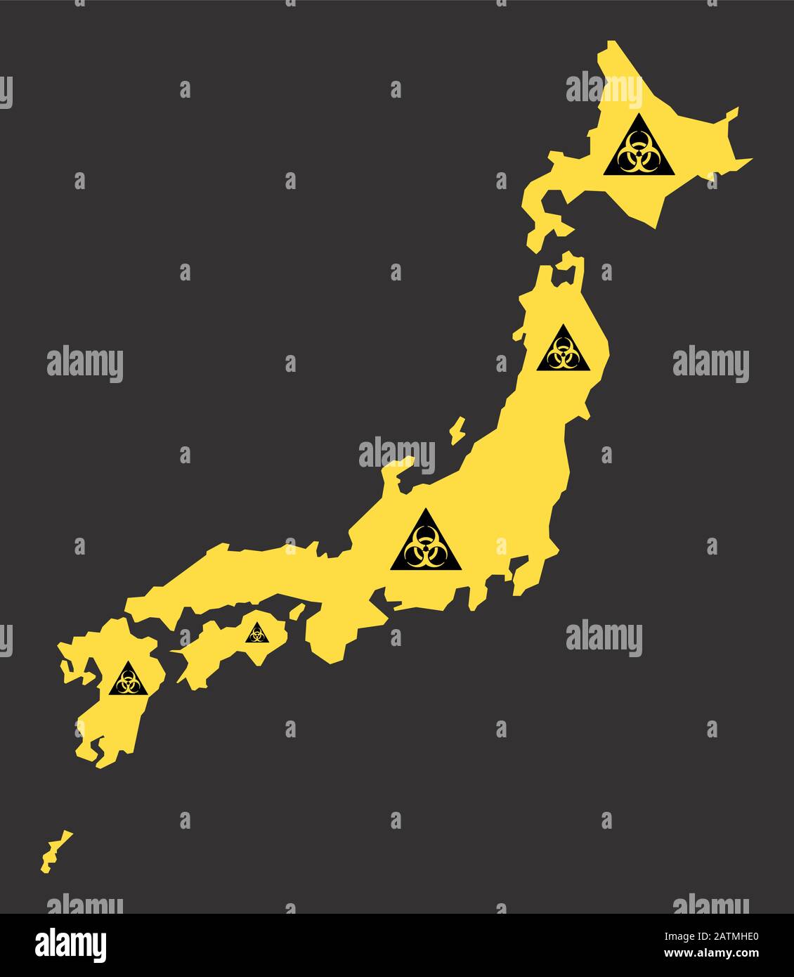 Japan map with biohazard virus sign illustration in black and yellow ...