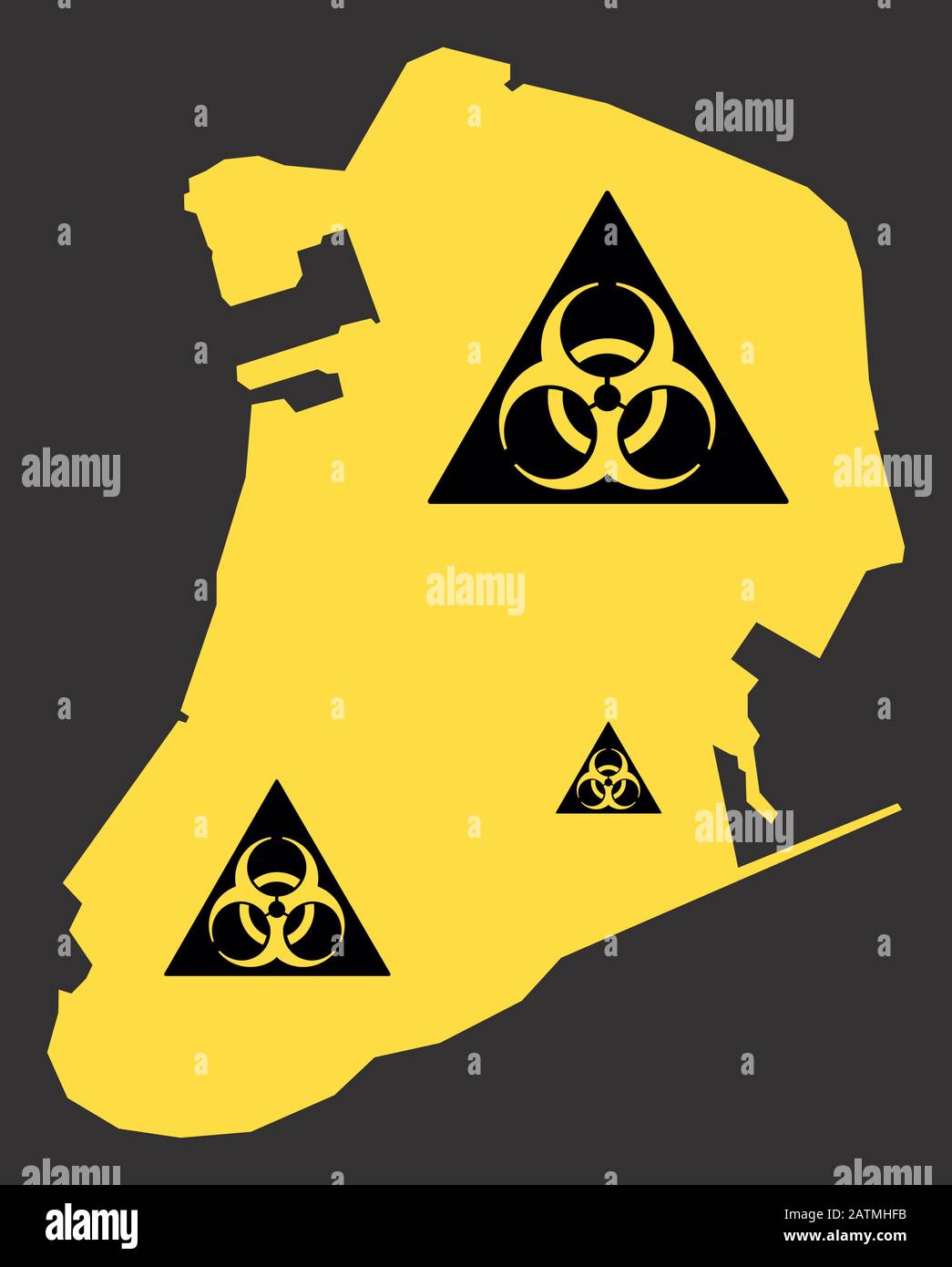 Macau map with biohazard virus sign illustration in black and yellow ...
