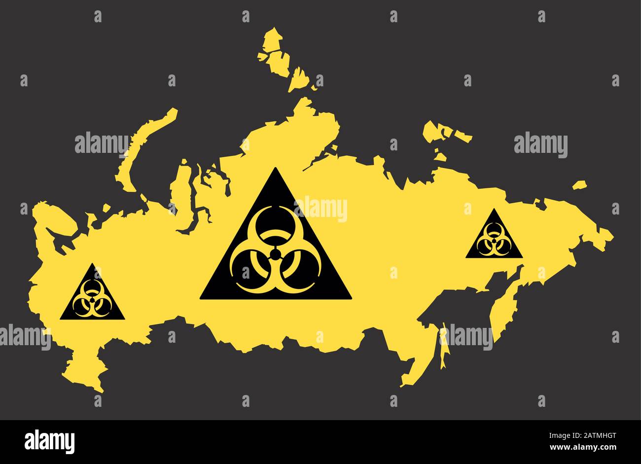 Russia map with biohazard virus sign illustration in black and yellow ...