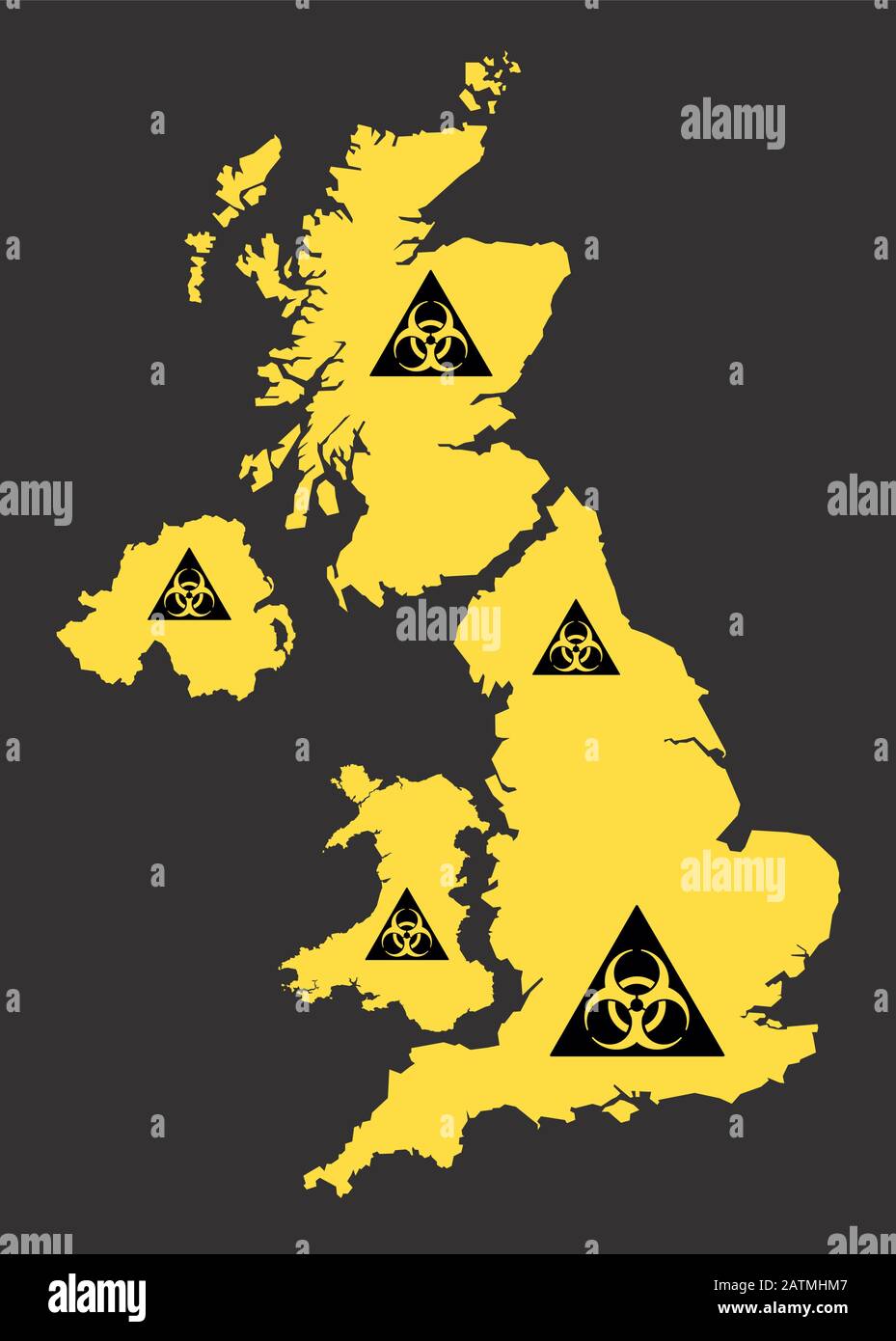 United Kingdom map with biohazard virus sign illustration in black and ...
