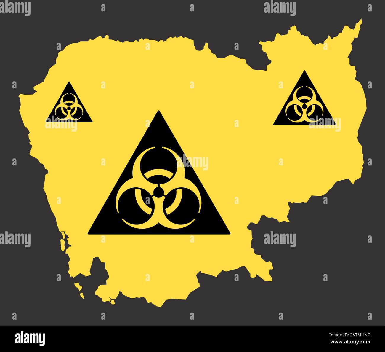 Cambodia map with biohazard virus sign illustration in black and yellow ...