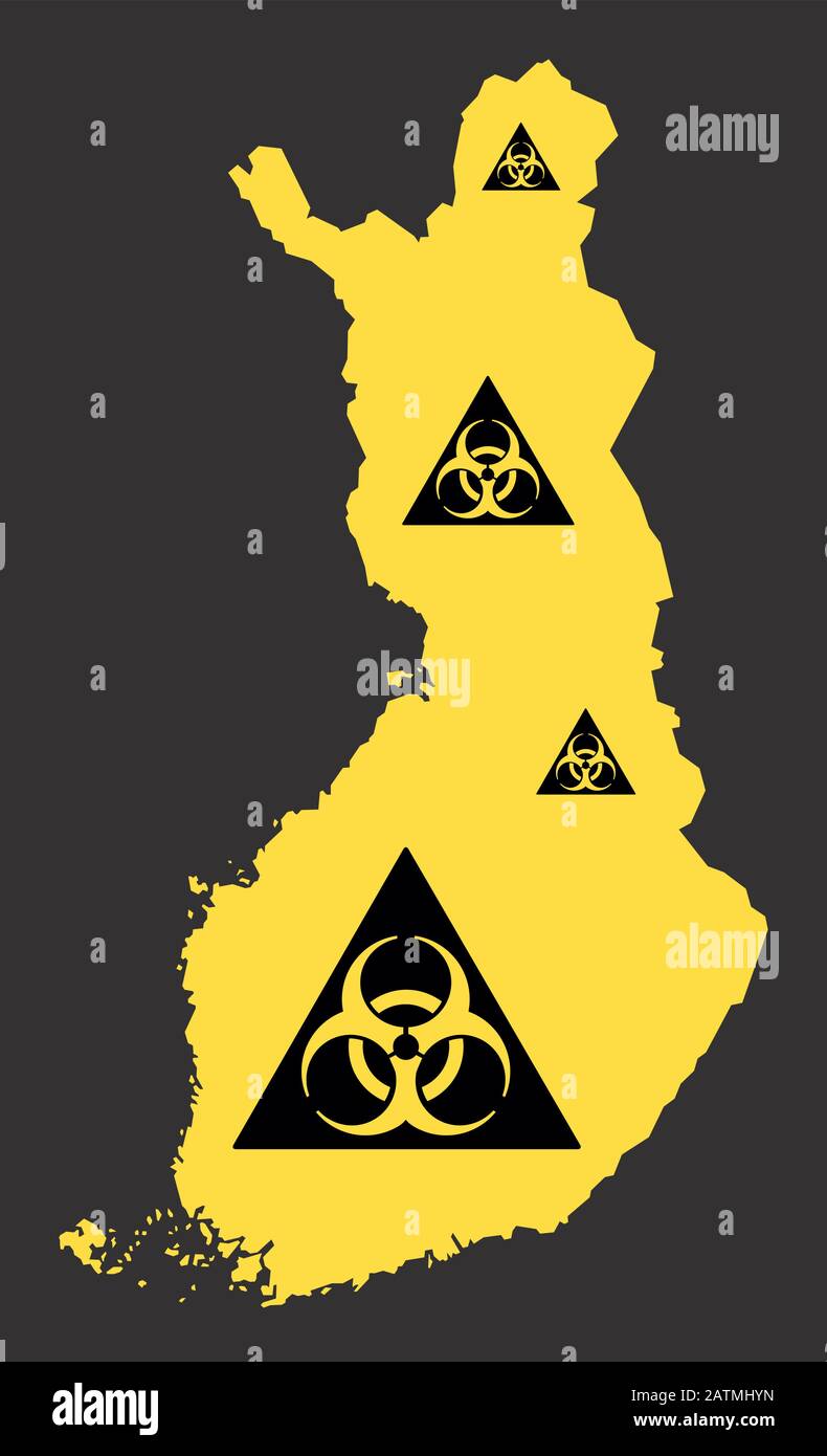 Finland map with biohazard virus sign illustration in black and yellow ...