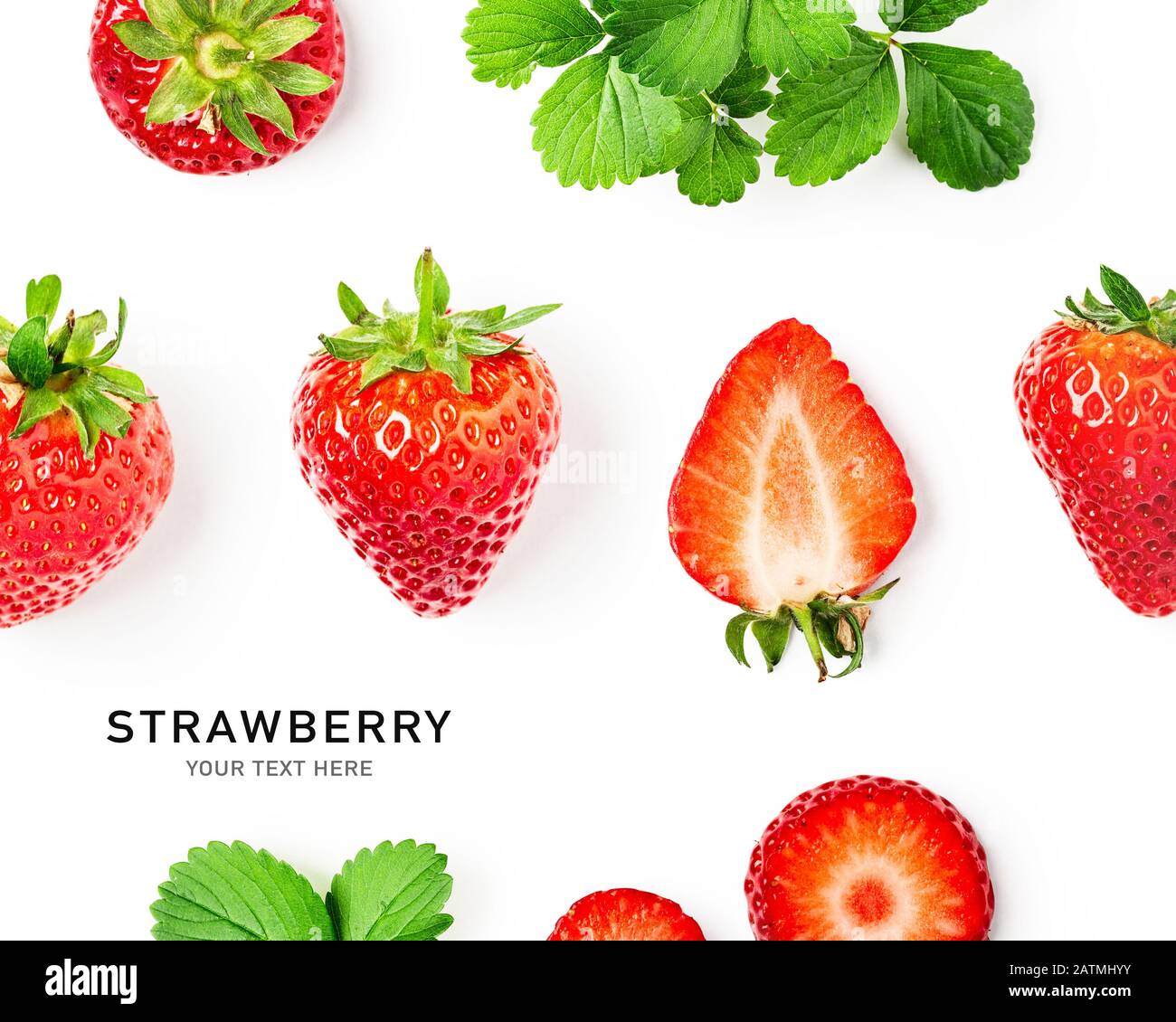 Fresh strawberry fruits and leaves composition and creative layout ...