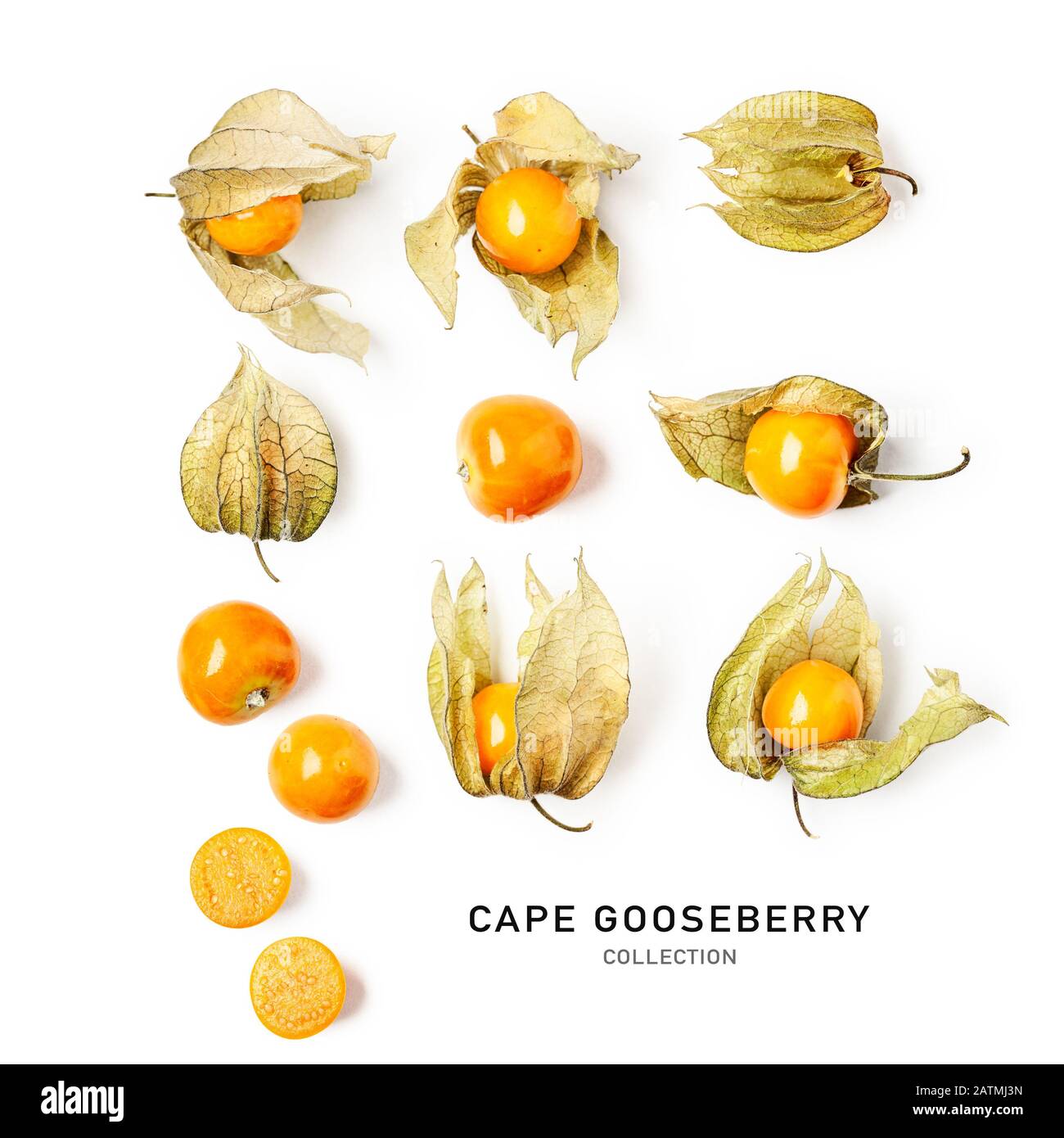 Physalis fruit collection and creative pattern isolated on white ...