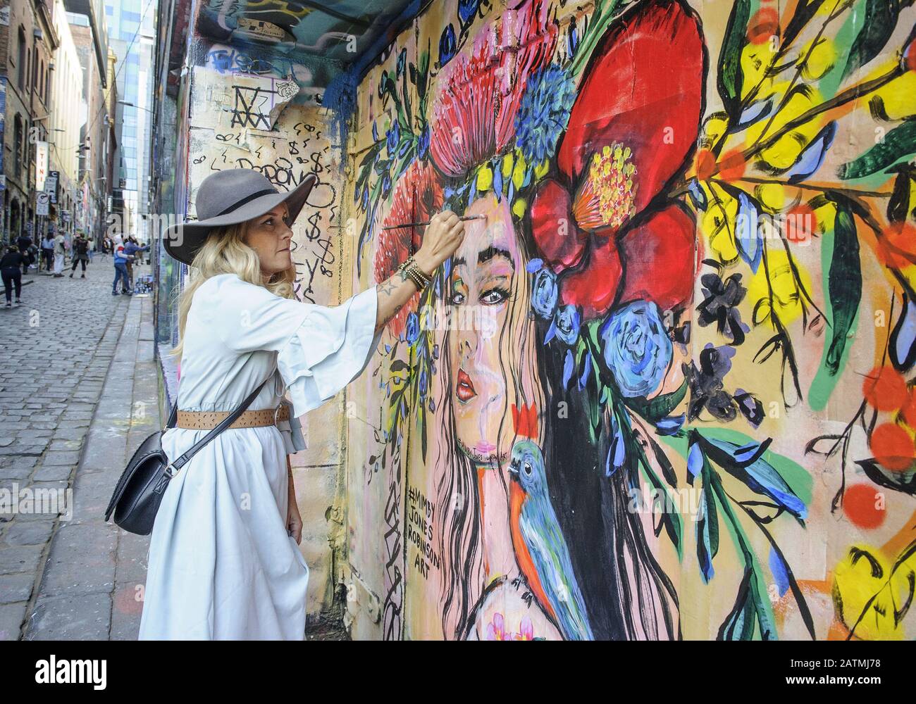 February 4, 2020, Melbourne, Australia: An artist works on a mural on ...
