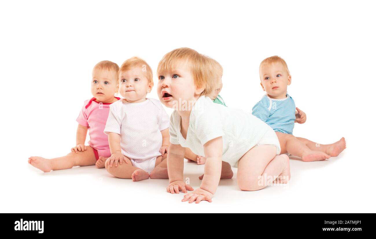 Group of cute babies crawling on floor. Isolated on white Stock Photo ...