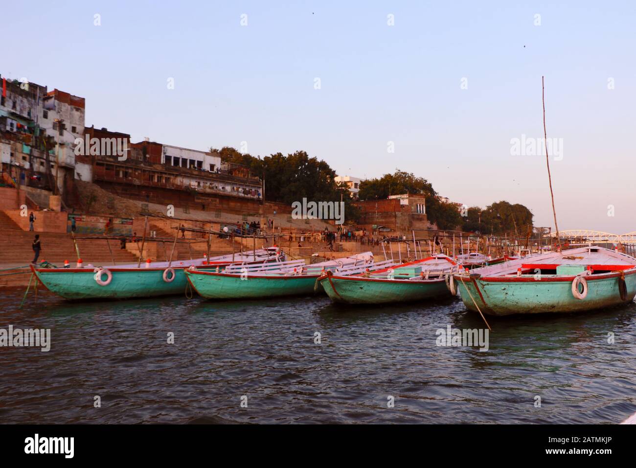 view of popular Assi Ghat with several pilgrims, that stands at the ...