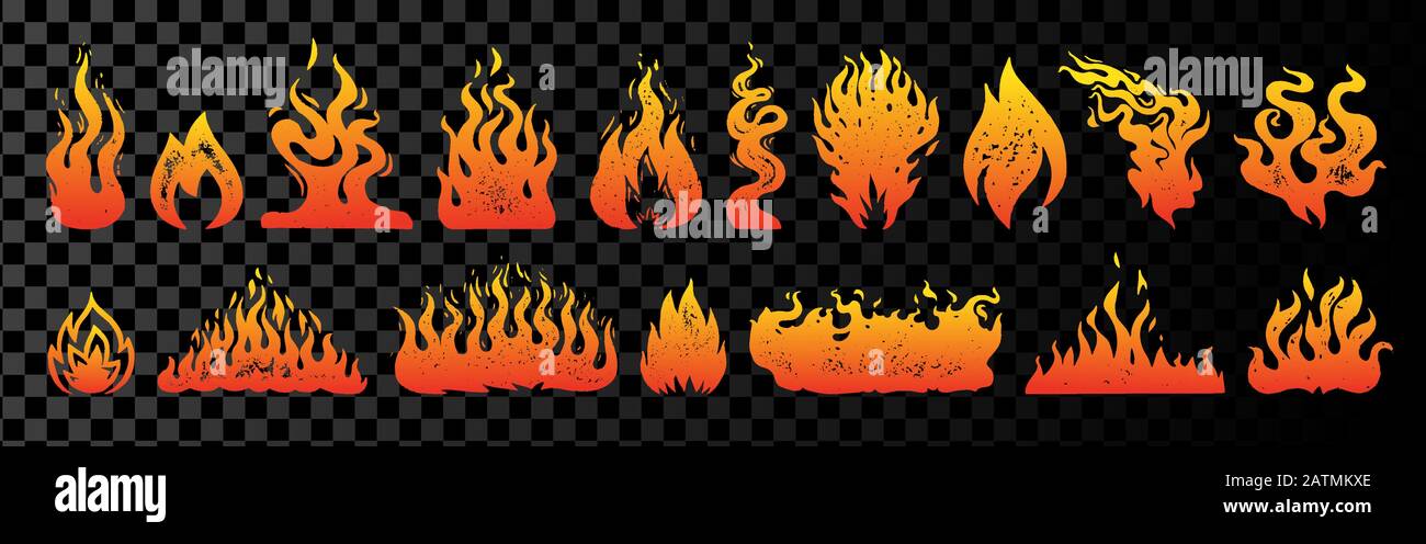 Set of flame and fire in vintage style. Hand drawn engraved monochrome ...