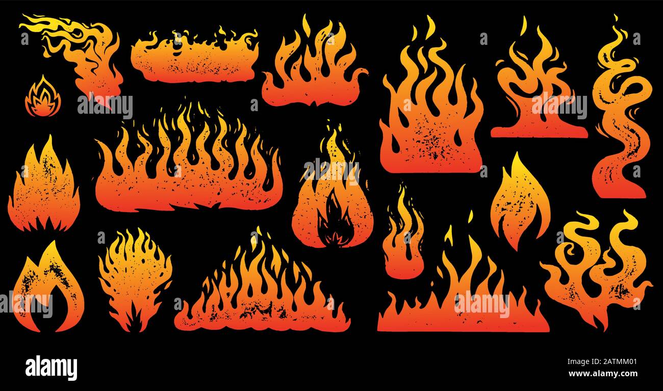 Flame and fire Set in vintage style. Hand drawn engraved monochrome ...