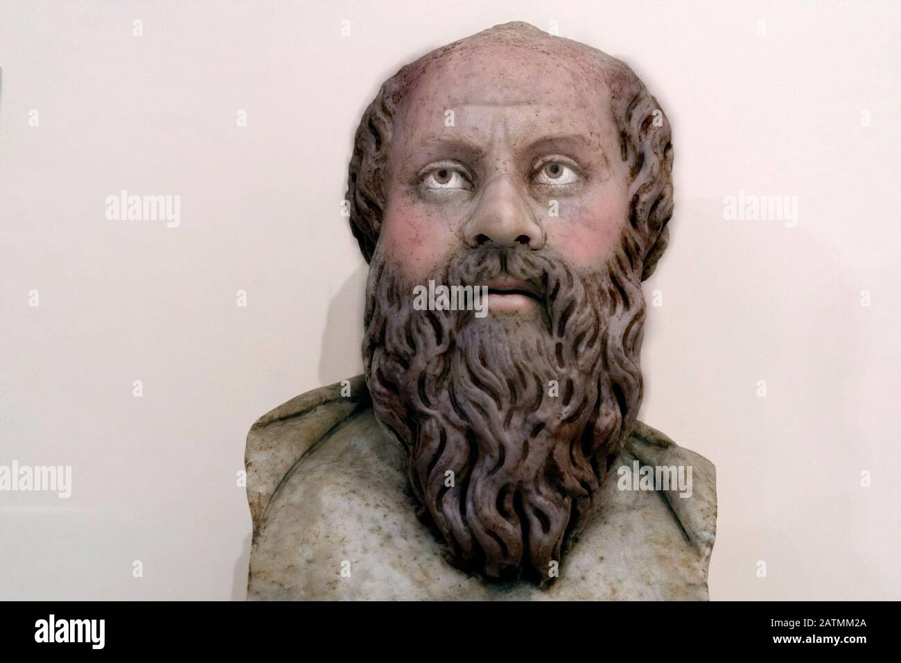 Socrates old greek computer painted eyes skin hair marble statue detail ...