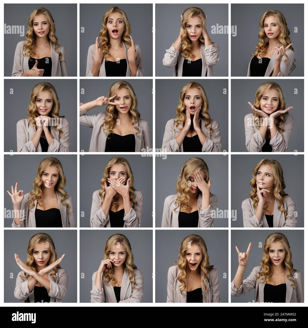 collage of portraits of beautiful woman with different positive and ...