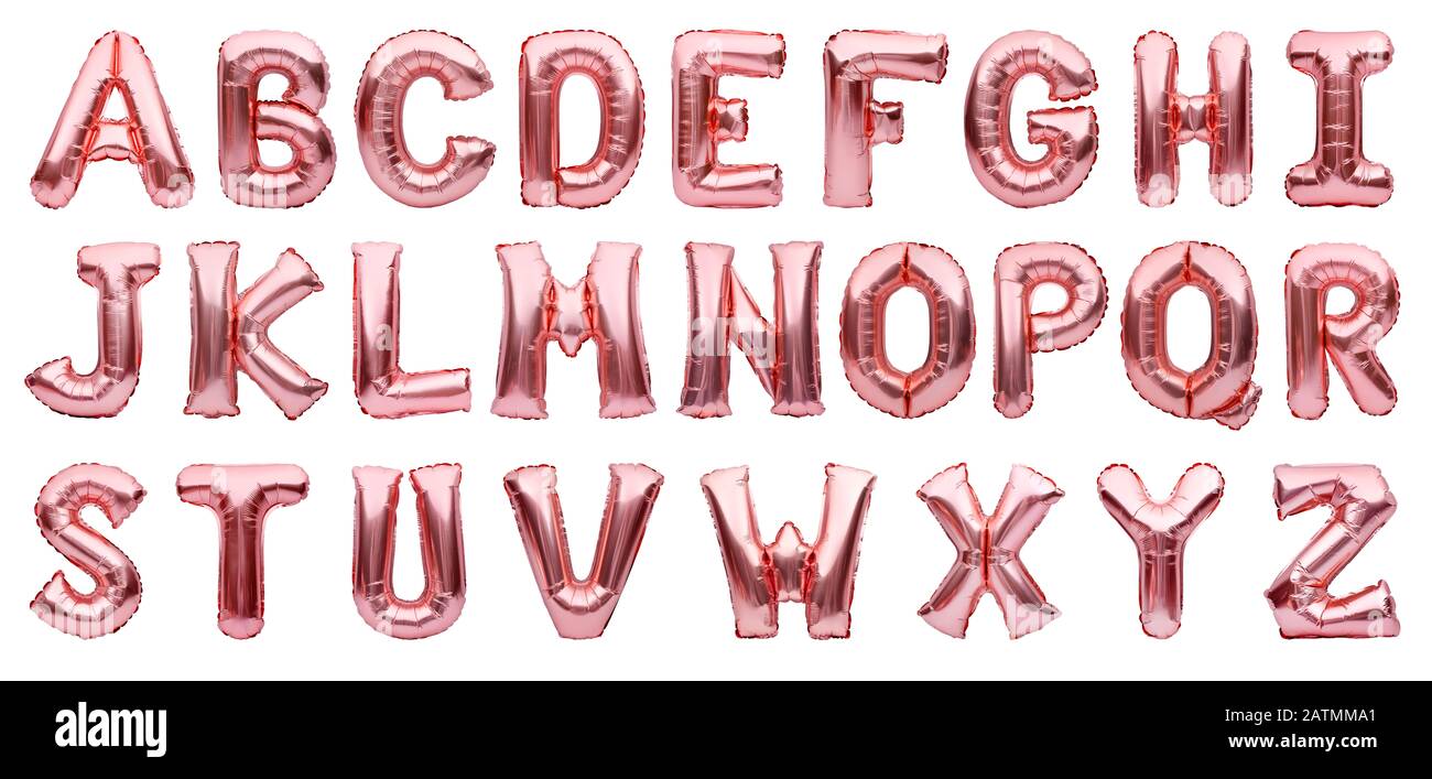 English alphabet made of rose golden inflatable helium balloons ...