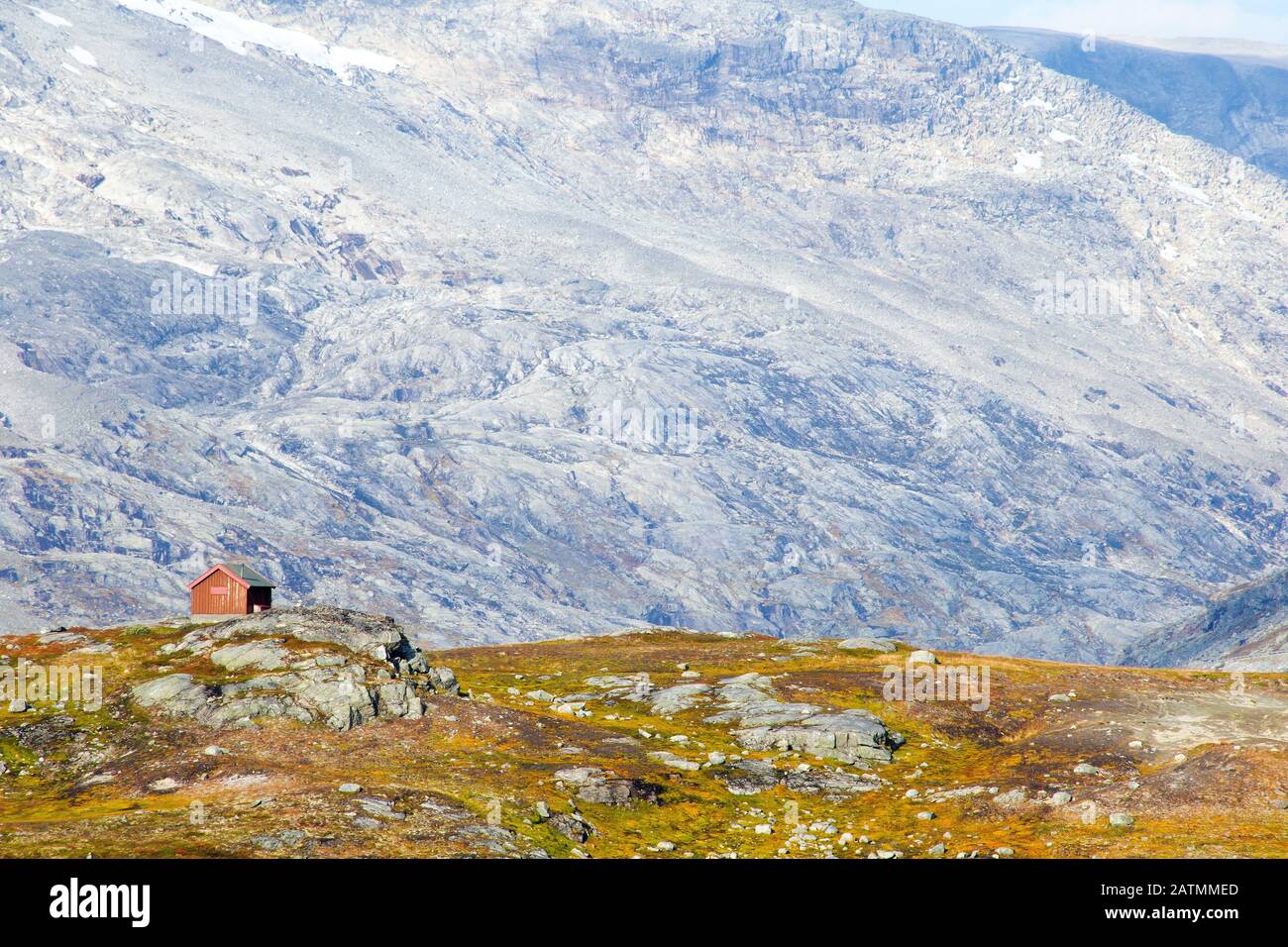 Beautiful mountain landscape view of Stalheim with a red barn in the ...