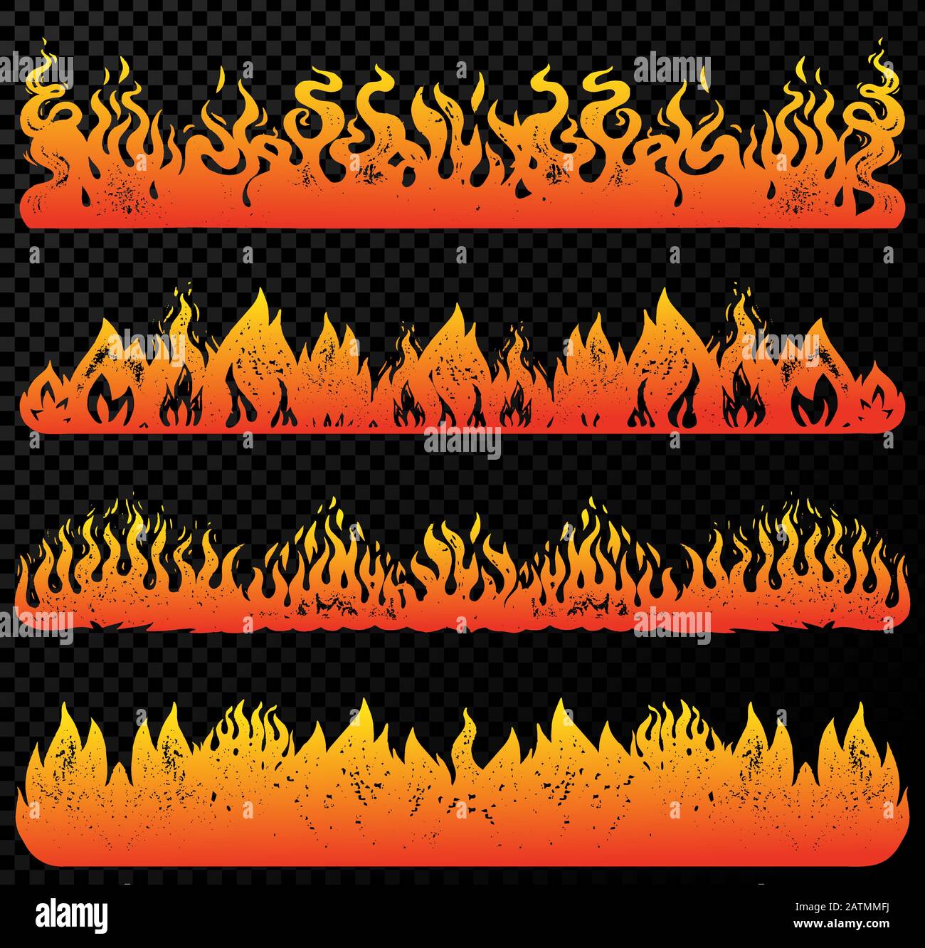 Set of flame and fire in vintage style. Hand drawn engraved monochrome ...