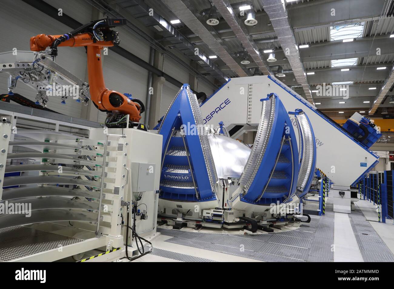Augsburg, Germany. 03rd Feb, 2020. A tank section of an Ariane 6 rocket is located in a welding ...