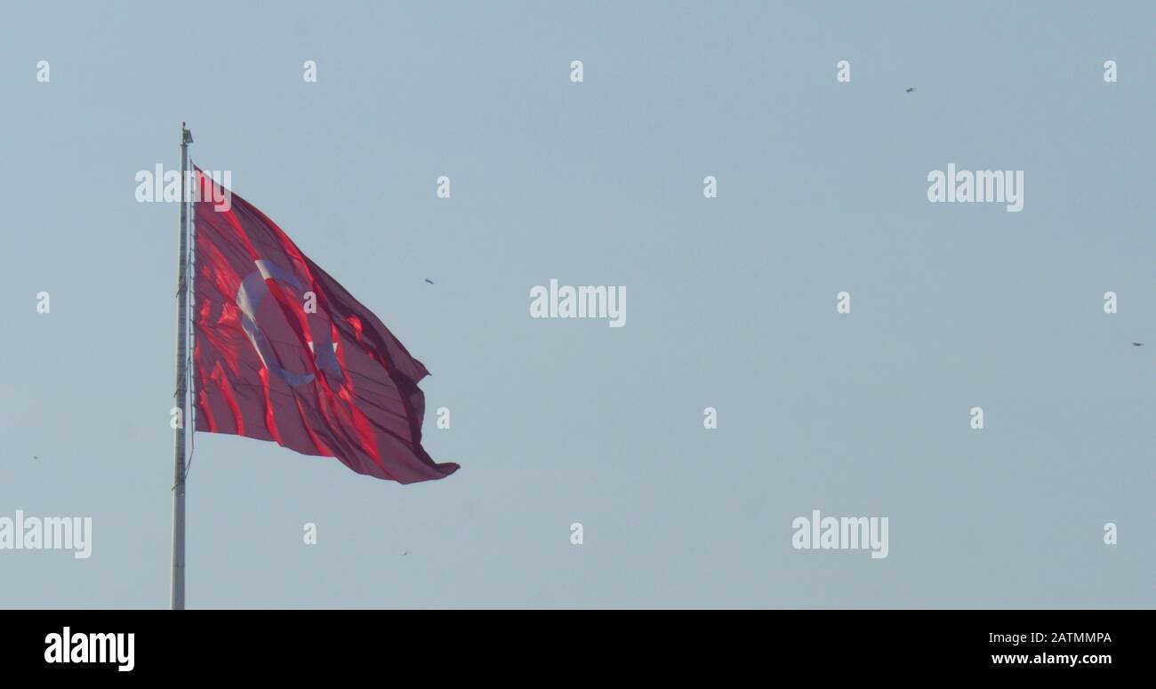 Turkish flag waving at blue sky and birds flying on the background ...