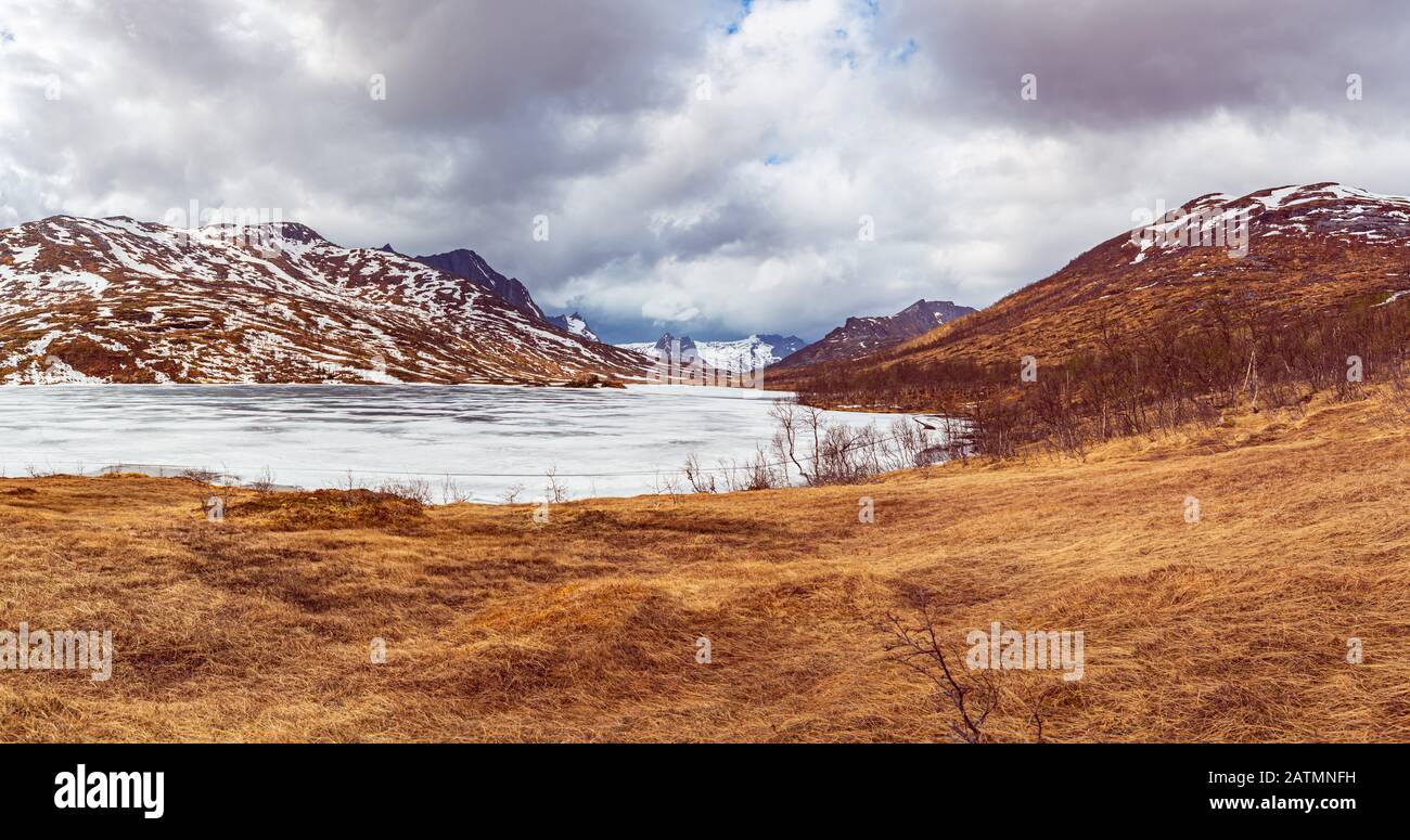 The landscape view of Senja Island beyond the Polar Circle in Norway ...
