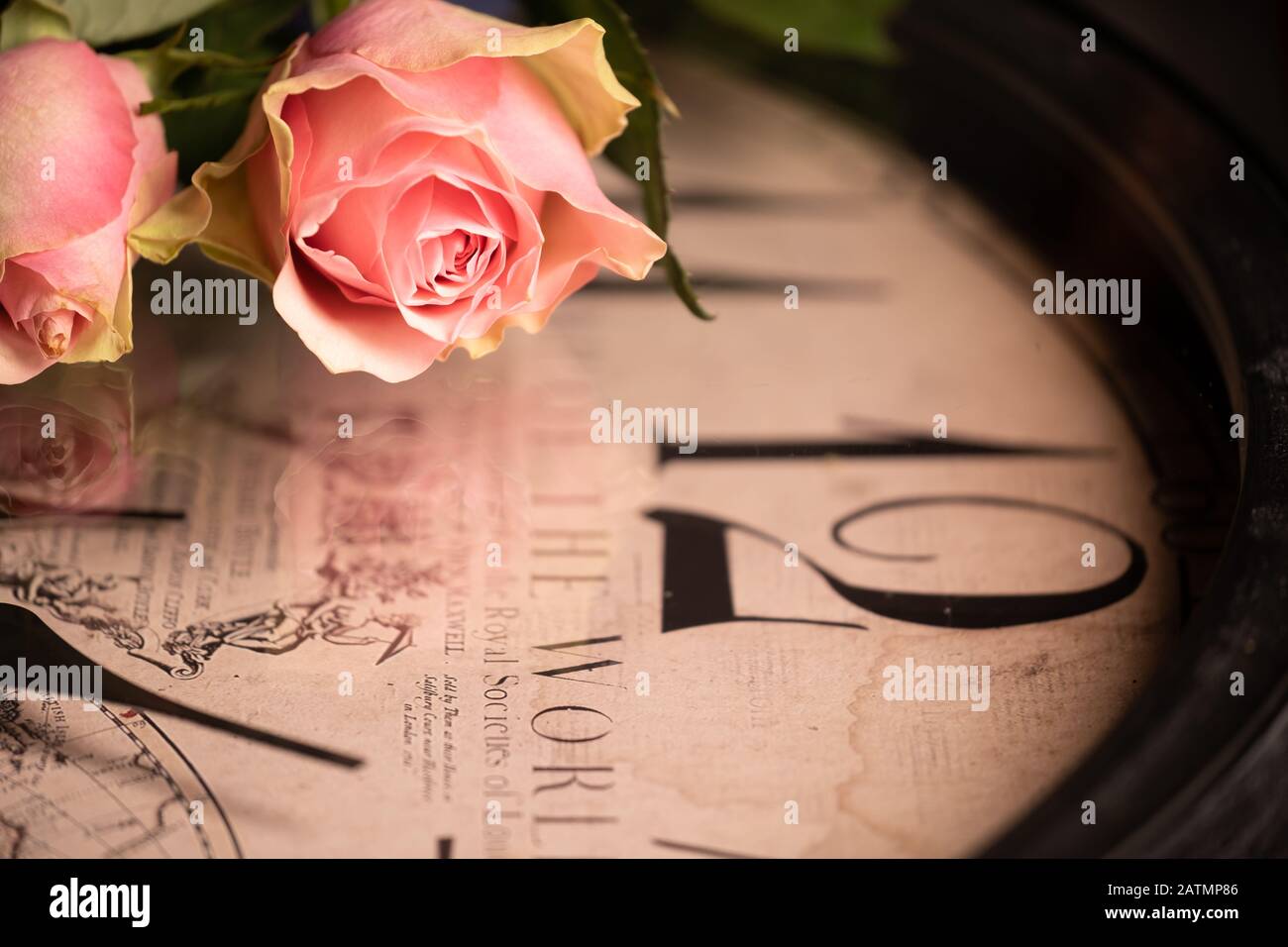 Retro pink rose on a clock face, clock hands Stock Photo - Alamy
