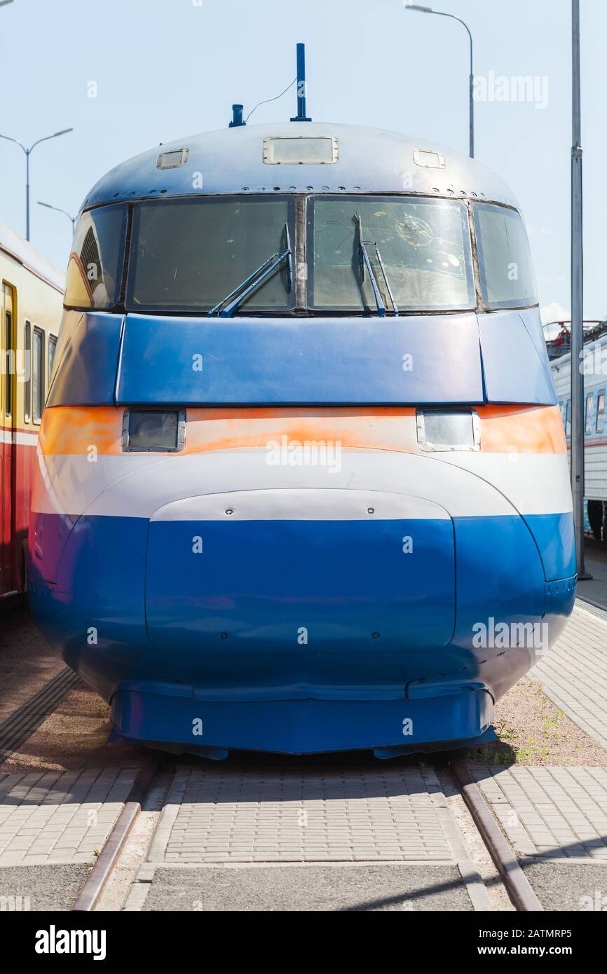 Electric express train locomotive cabin, front view Stock Photo - Alamy