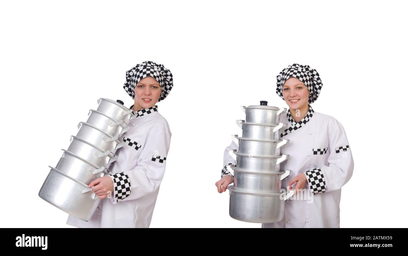 The cook with stack of pots on white Stock Photo - Alamy